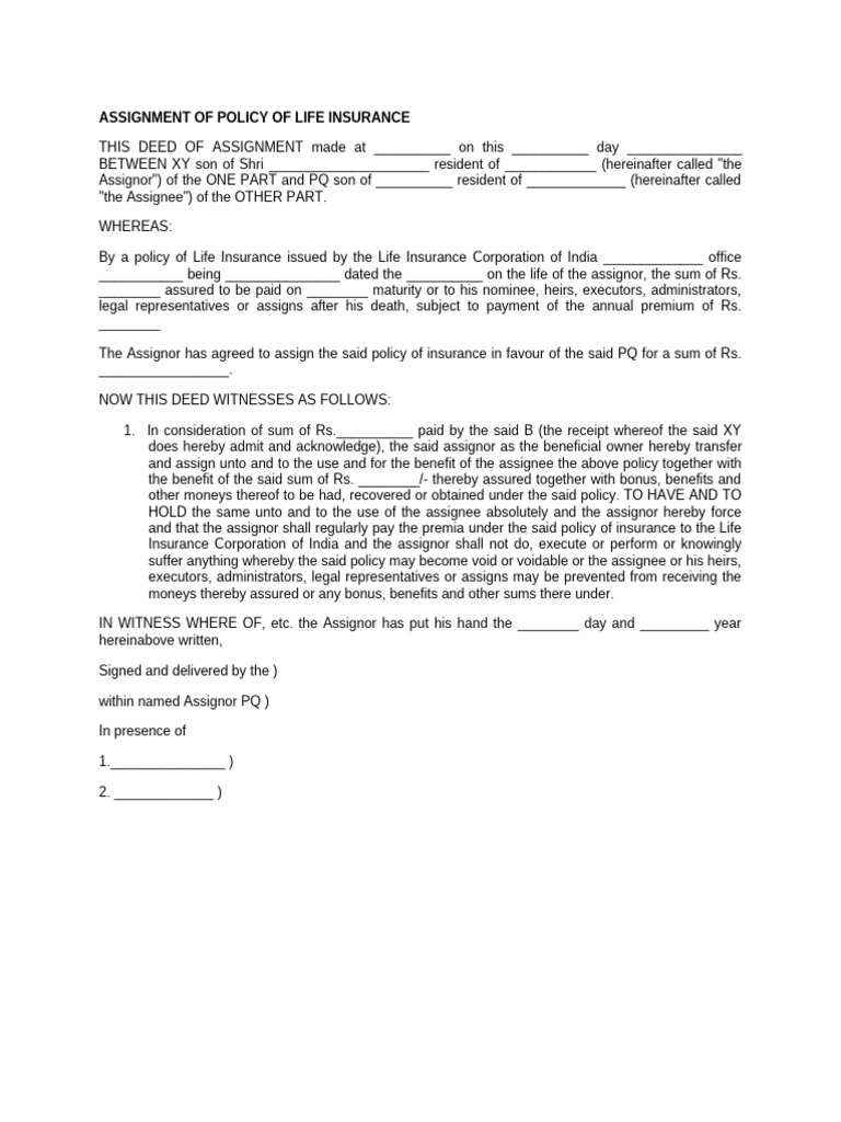 Life Insurance Policy Assignment Deed | PDF