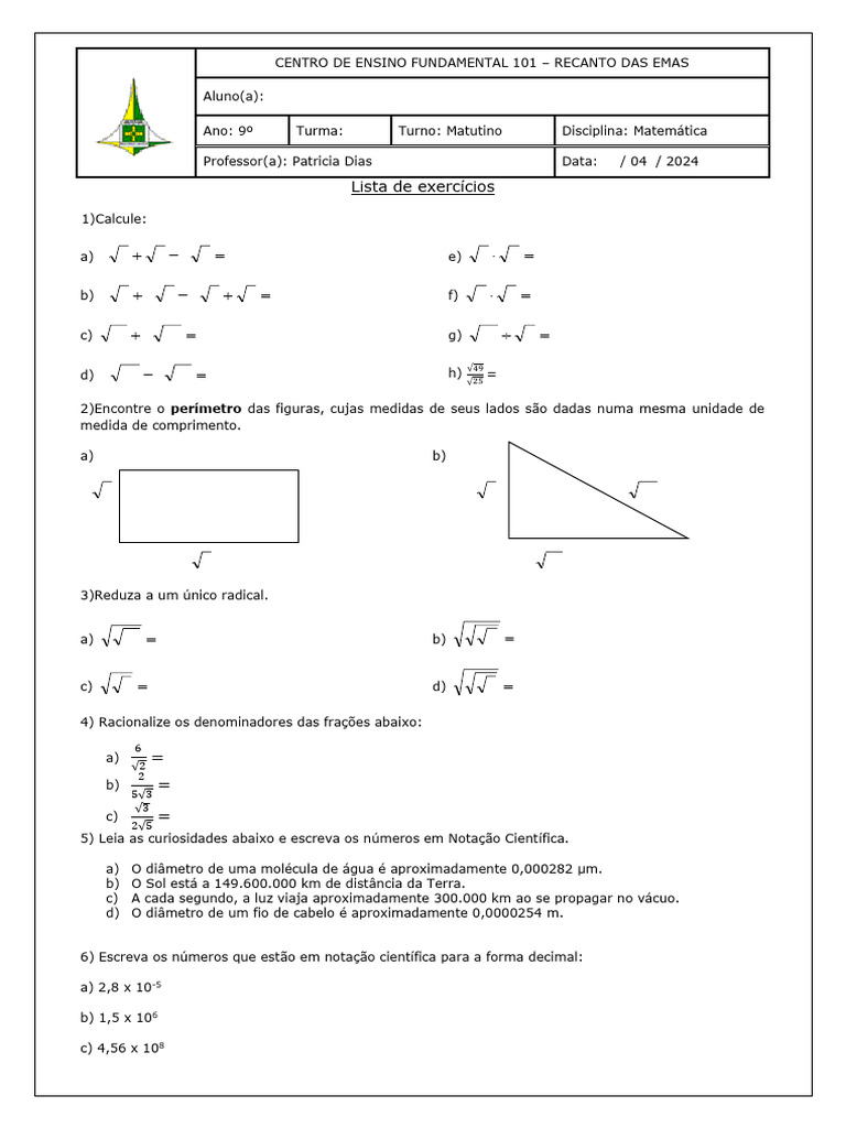 Lista de Exercícios Revisão 9ano | PDF