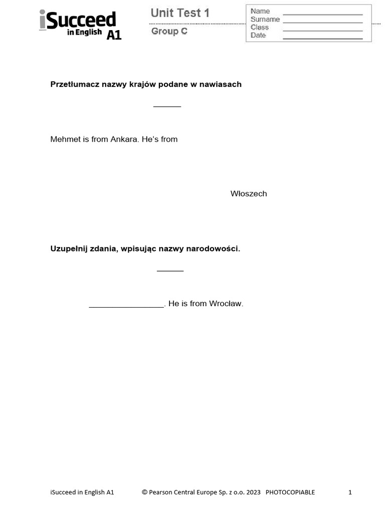 ISucceed A1 Tests Unit 1 Test Group C | PDF