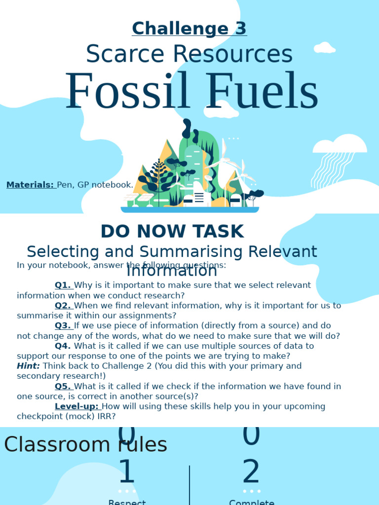 Challenge 3 Scarce Resources Fossil Fuels - Summarising and Paraphrasing Information | PDF ...