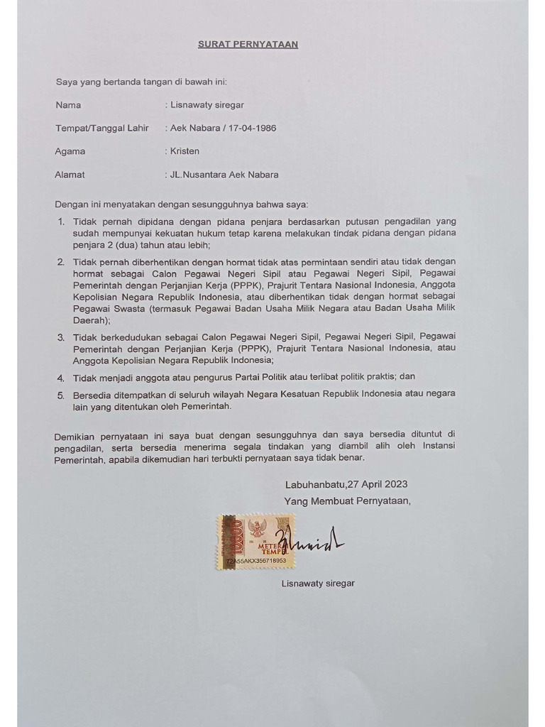 Surat Pernyataan Lisna | PDF