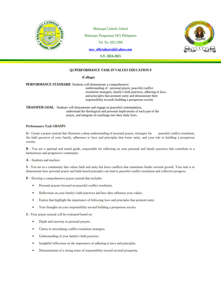 Q2 - Performance Task - Values Education 9 | PDF | Prayer | Faith