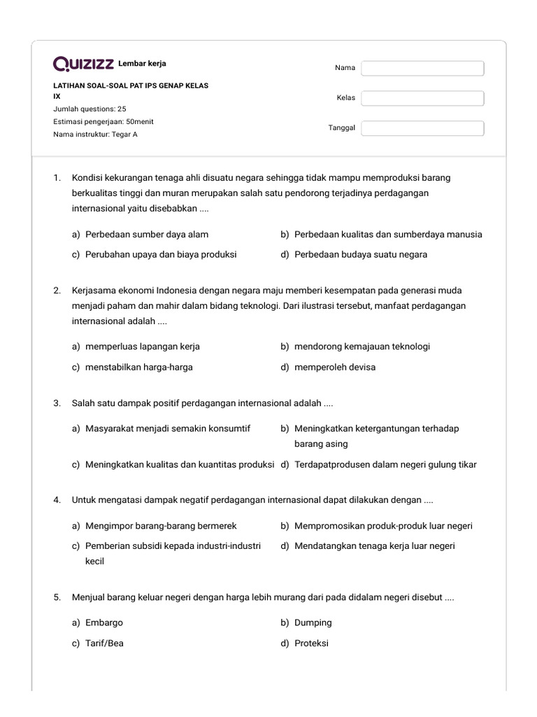LATIHAN SOAL-SOAL PAT IPS GENAP KELAS IX - Quizizz | PDF