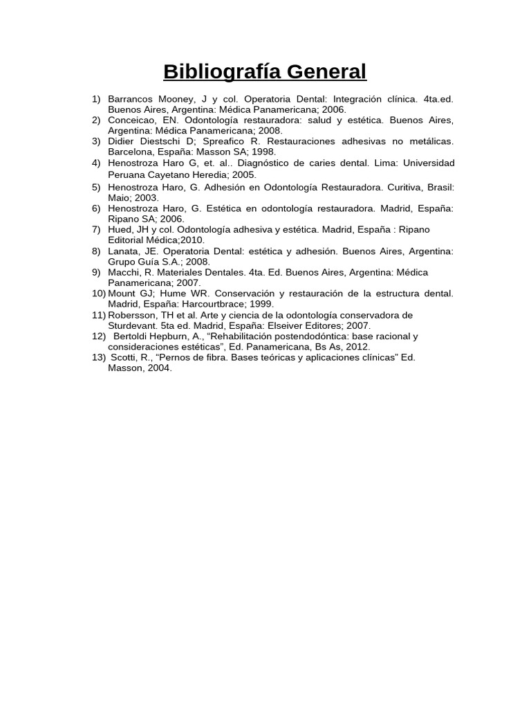 Bibliografía de Odontología Restauradora | PDF