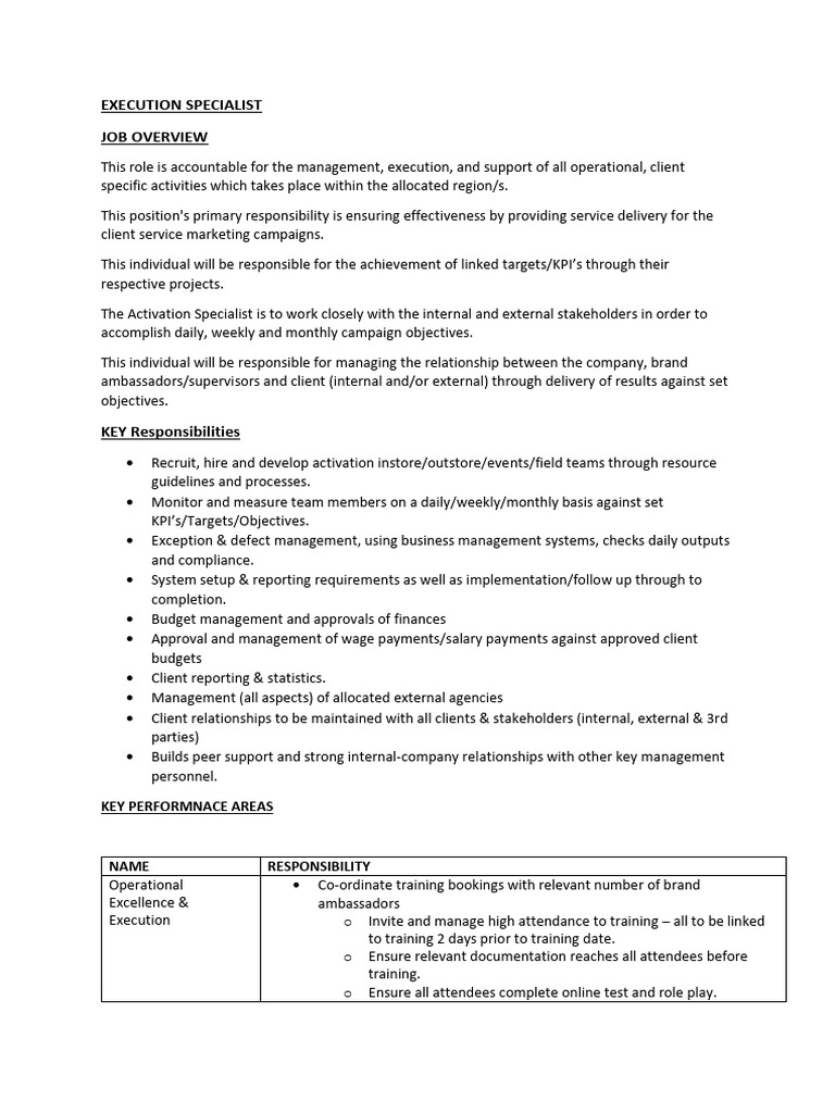 Execution Specialist Job Overview | PDF | Performance Indicator | Business