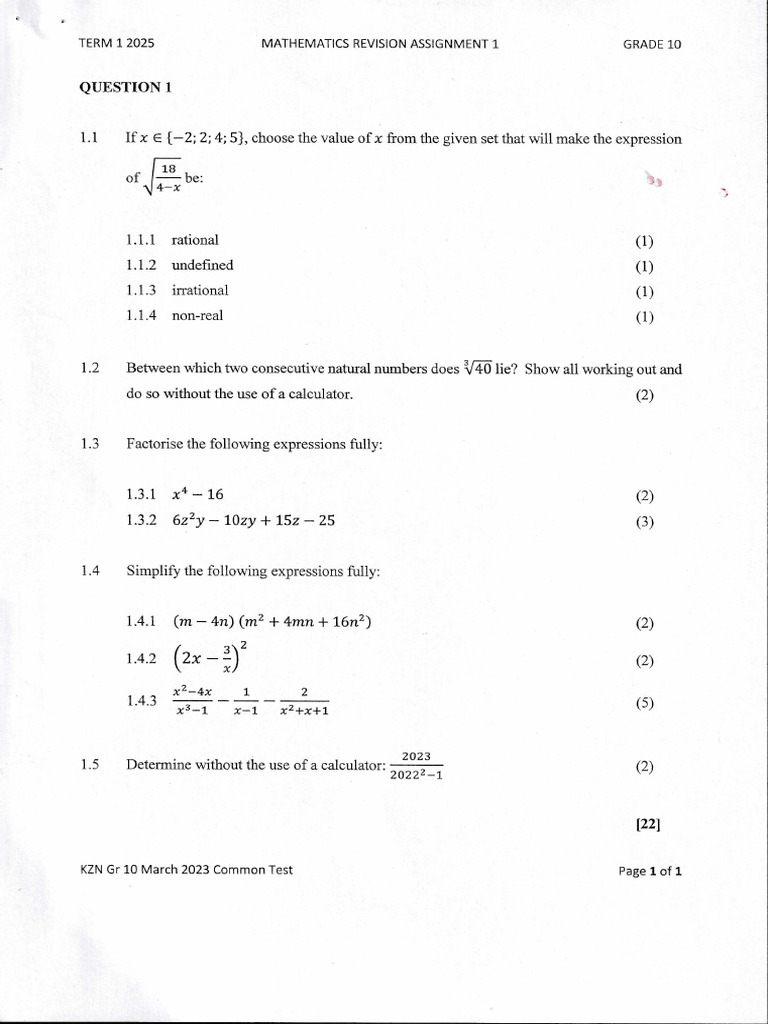 GR 10 Maths Study Programme Assignments 1 - 8 | PDF