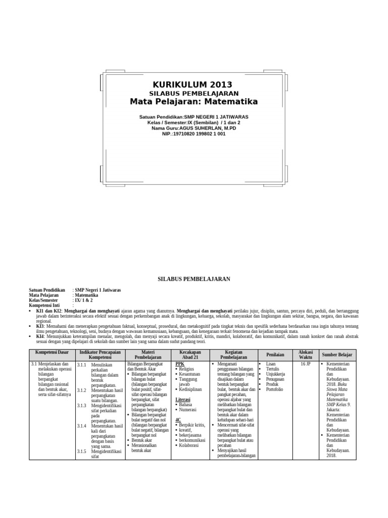 2. Silabus Pembelajaran Mtk Kls 9 | PDF