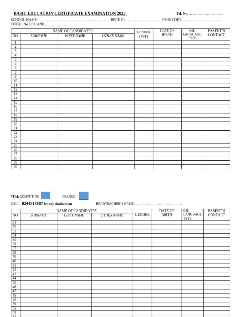 Bece 2025 Bio-Data Form | PDF