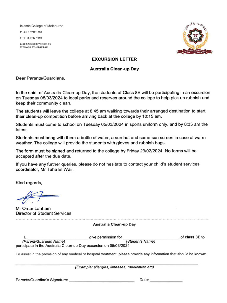 Australia Day Excursion Letter - Class 8E | PDF