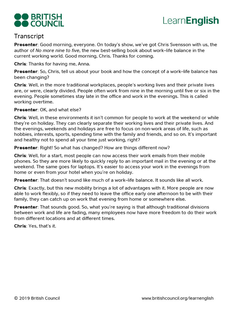 LearnEnglish Listening B1 Work Life Balance 3 | PDF