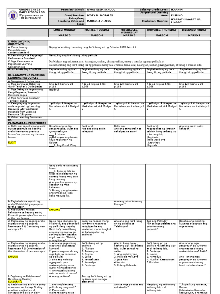 DLL-Fil. 6 Q4-W4 Ibang Uri NG Pelikula | PDF