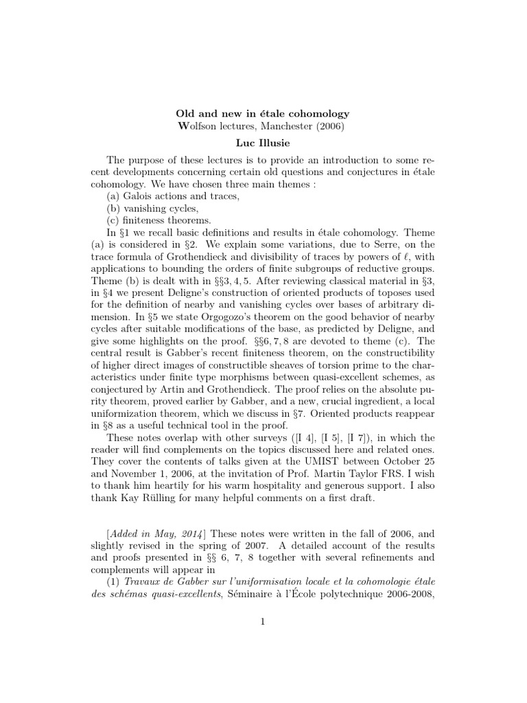 ILLUSIE - Old and New in Étale Cohomology Wolfson Lectures - Manchester ...