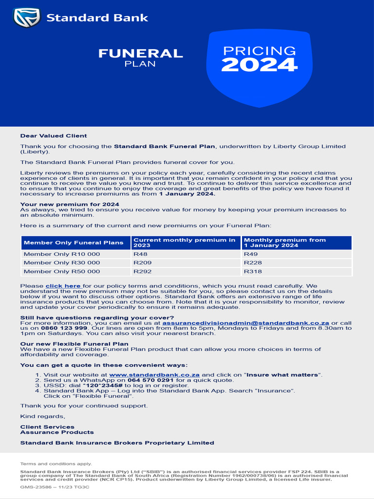 Standard Bank Funeral Plan Premium Update | PDF | Insurance | Financial ...