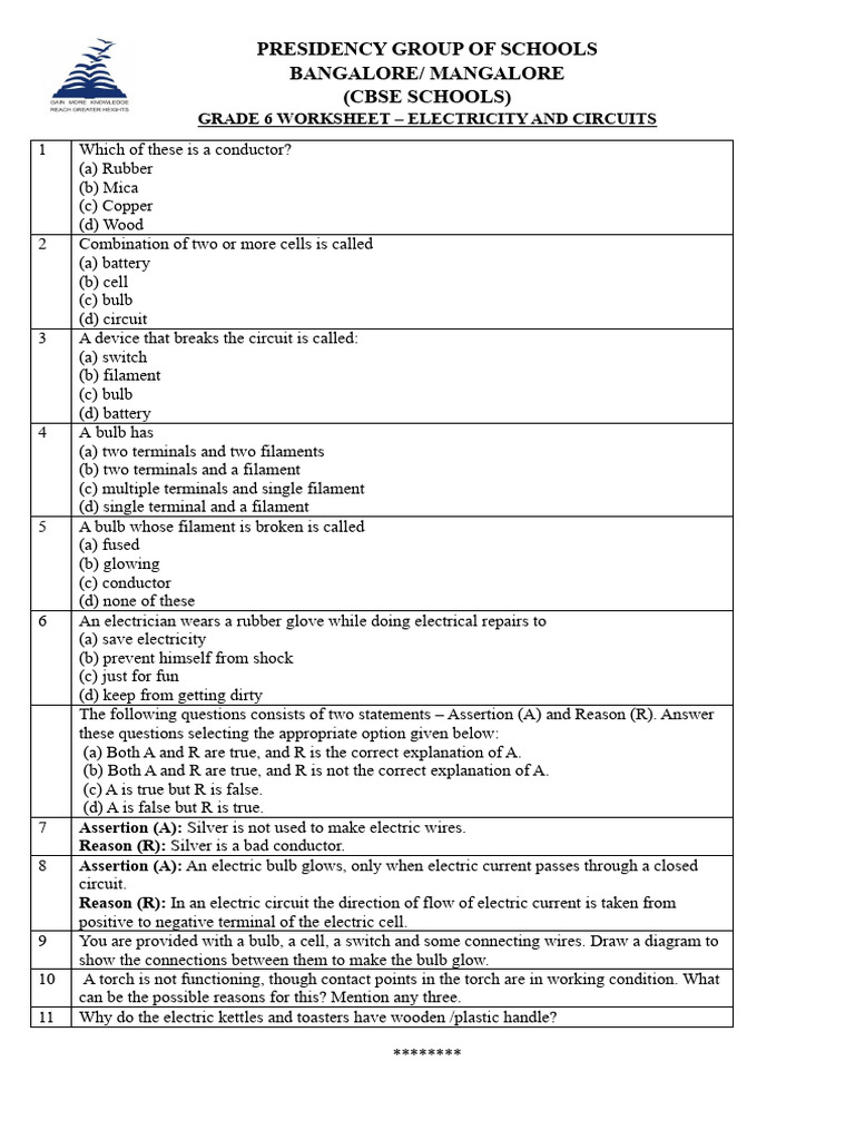 Grade 6 Electricity and Circuits Worksheet | PDF