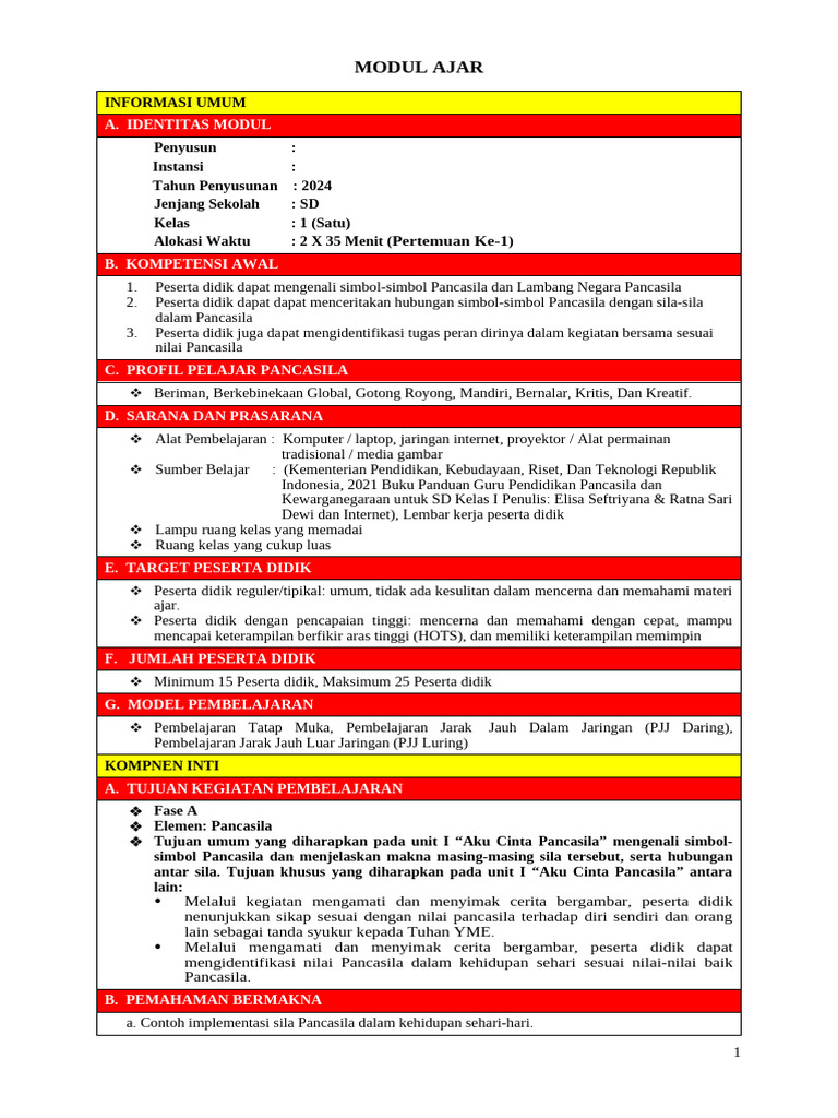 1. Modul Ajar PPKn Semester 1 | PDF