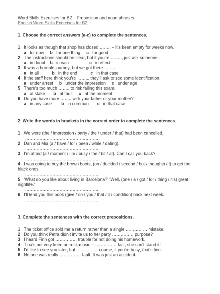 B2 Preposition Exercises Workbook | PDF | Linguistic Morphology | Grammar