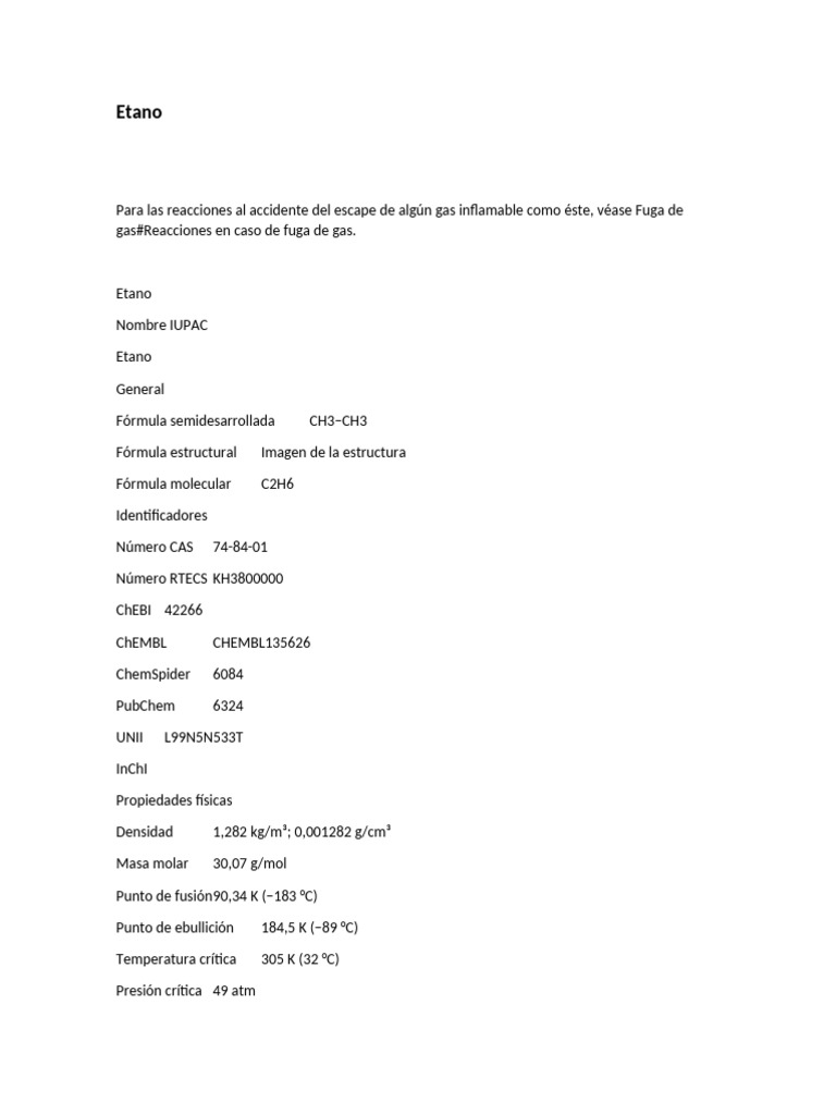 Fórmulas y propiedades del etano | PDF | Gases | Química