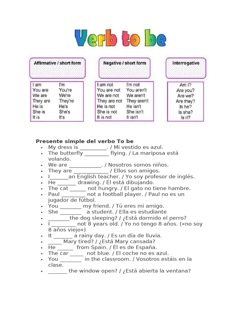 Ejercicios del verbo To Be en presente | PDF