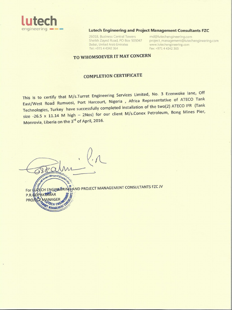 Lutech Monrovia Completion Certificate Certificate | PDF