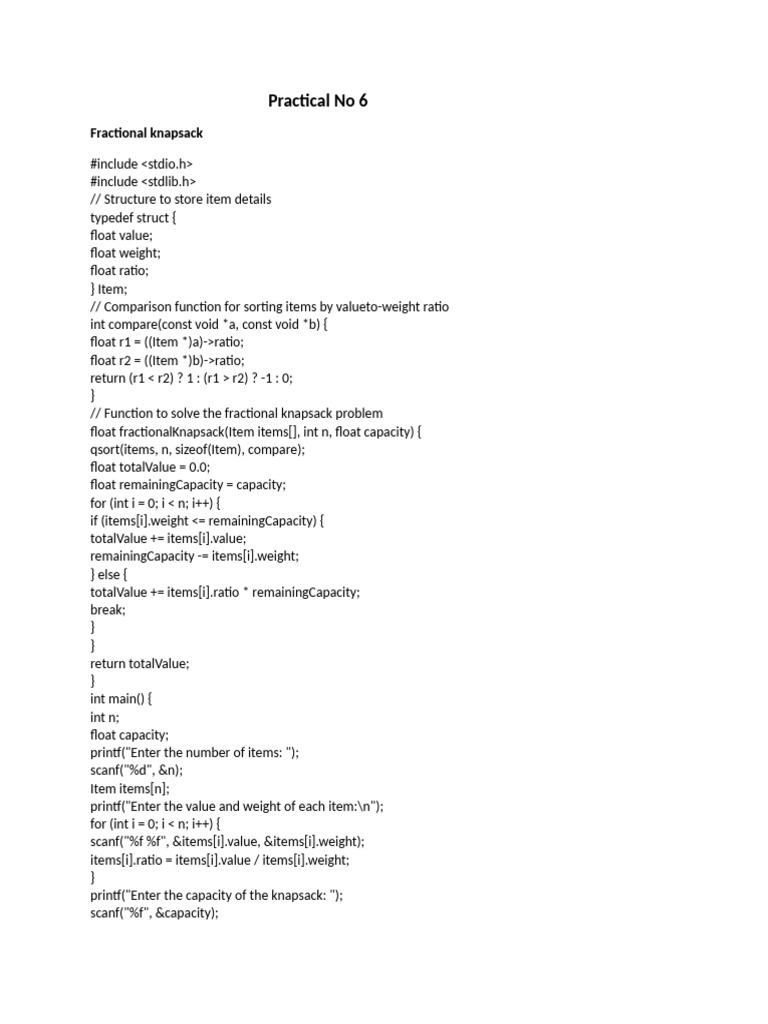 Knapsack 0/1 Program in C | PDF