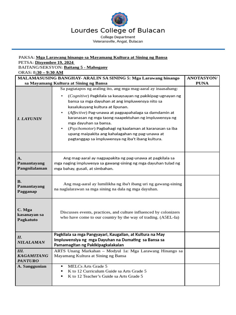 Semi - DLP IN ARTS - Grade 5 | PDF