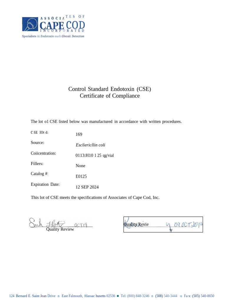 Control Standard Endotoxin (CSE) Certificate of Compliance | PDF