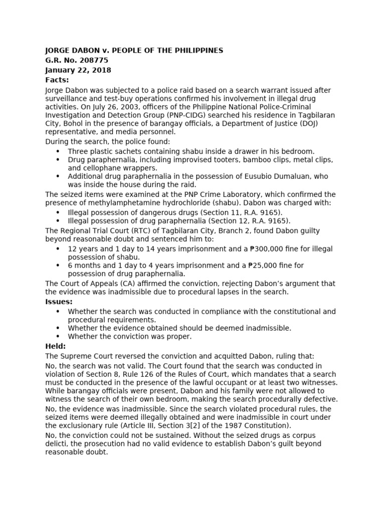 JORGE DABON v. PEOPLE OF THE PHILIPPINES | PDF | Search And Seizure ...