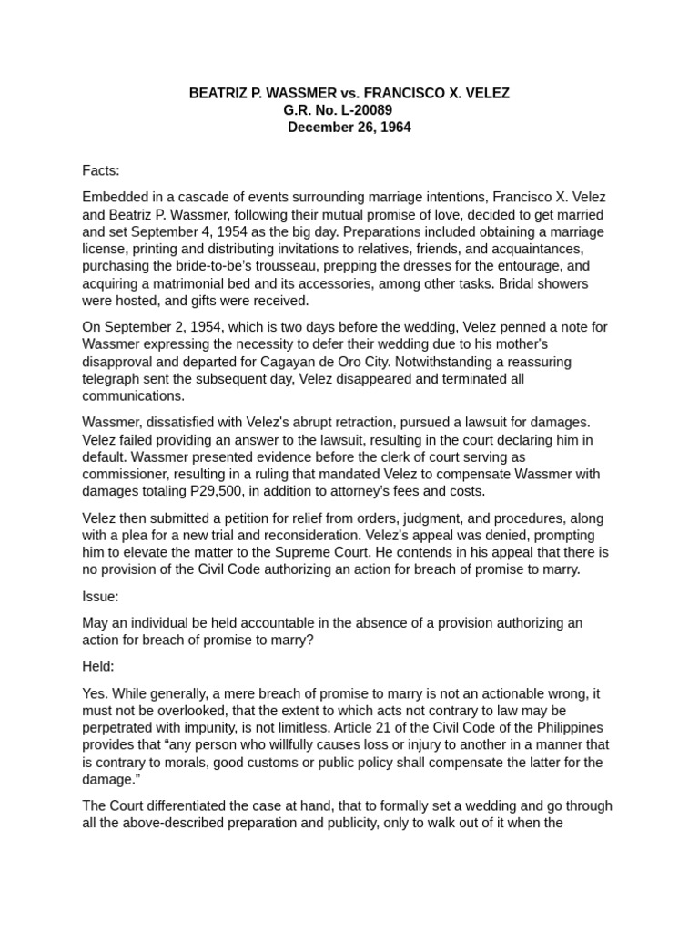 WASSMER VS. VELEZ | PDF | Lawsuit | Damages