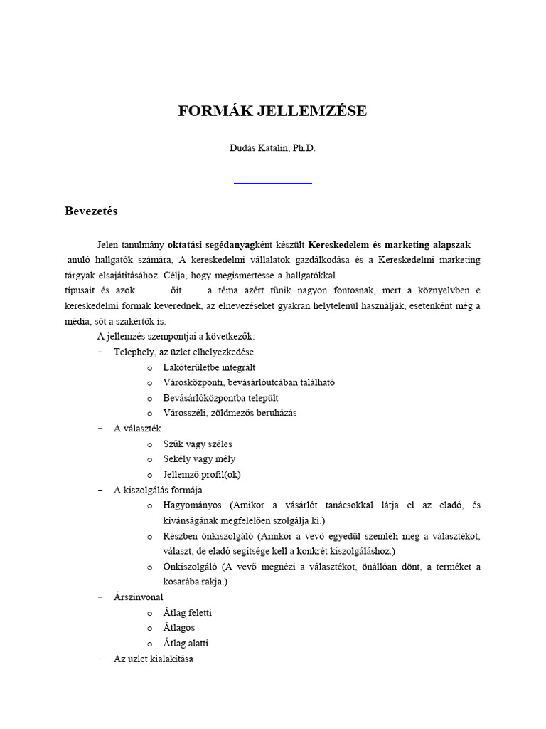 A Legfontosabb Bolti Kiskereskedelmi Formák Jellemzése | PDF