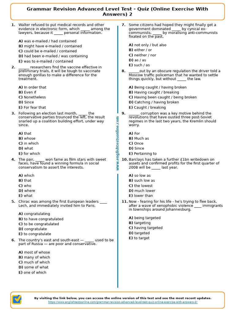 362 - Grammar Revision Advanced Level Test Quiz Online Exercise With ...