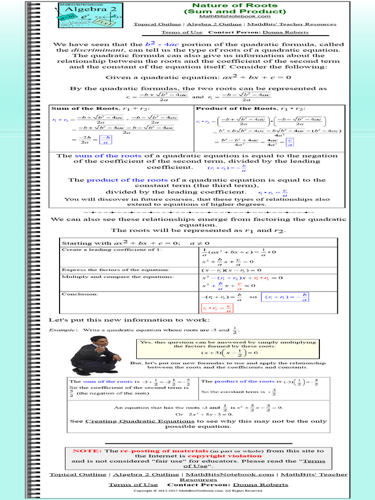 Nature of Roots - Sum and Product - MathBitsNotebook (A2) | PDF | Quadratic Equation | Equations