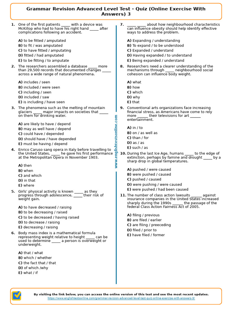 363 - Grammar Revision Advanced Level Test Quiz Online Exercise With ...