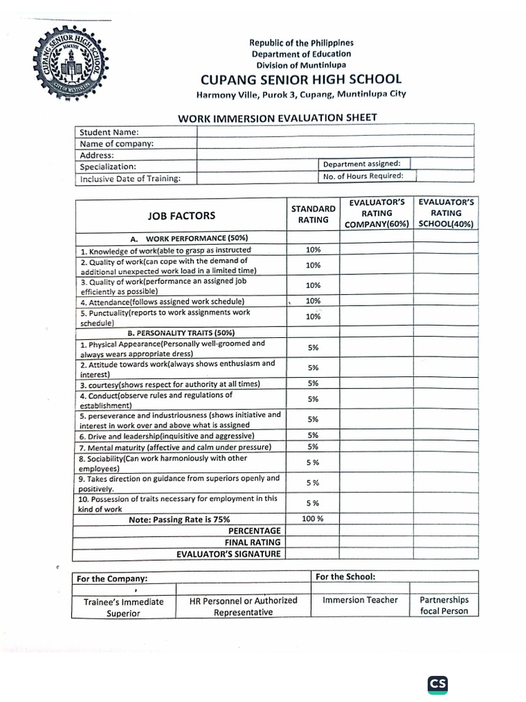 Evaluation Sheet for Work Immersion | PDF