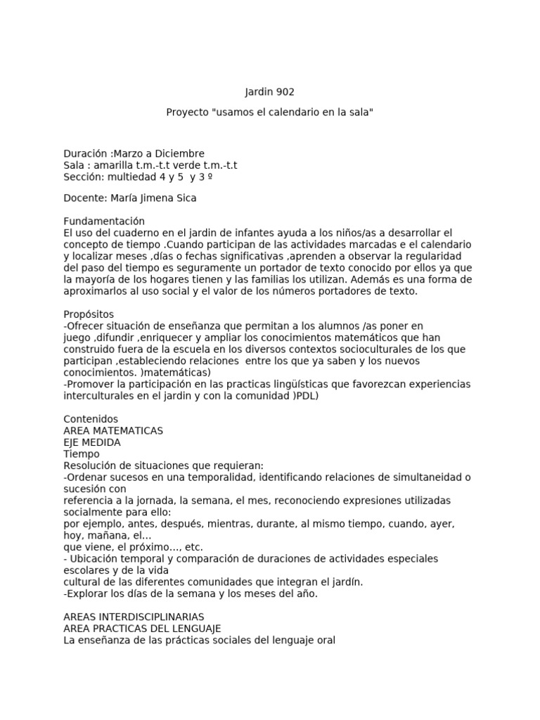 Proyecto Educativo: Uso del Calendario en Jardín | PDF | Enseñando ...