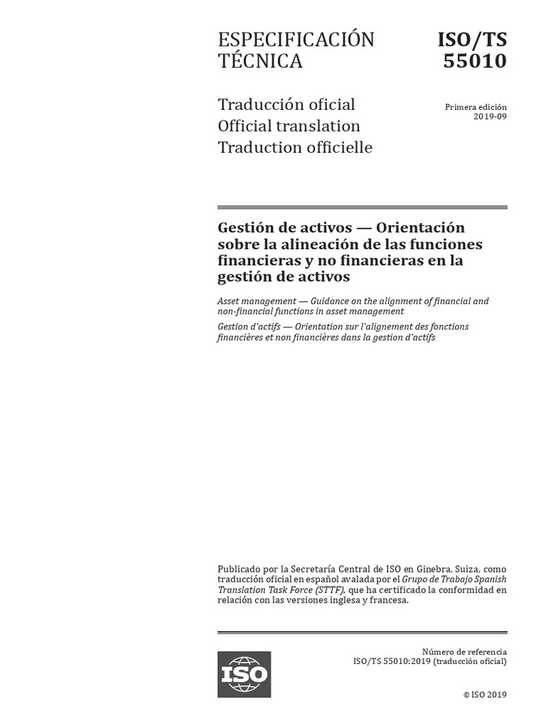 Iso TS 55010 2019 Gestion de Activos Orietacion Alineacion Funciones Financieras y No ...
