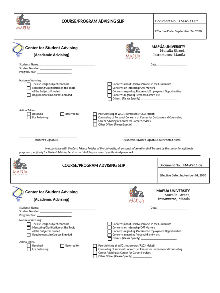 Course Advising Slip Template | PDF