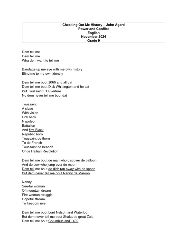 Checking Out Me History - John Agard | PDF
