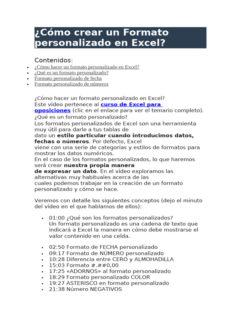 Cómo crear un Formato personalizado en Excel | PDF
