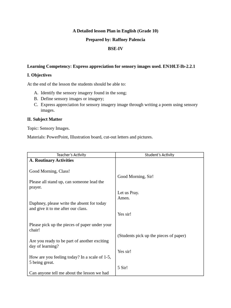 A Detailed Lesson Plan in English (Sensory Images) | PDF | Senses | Taste