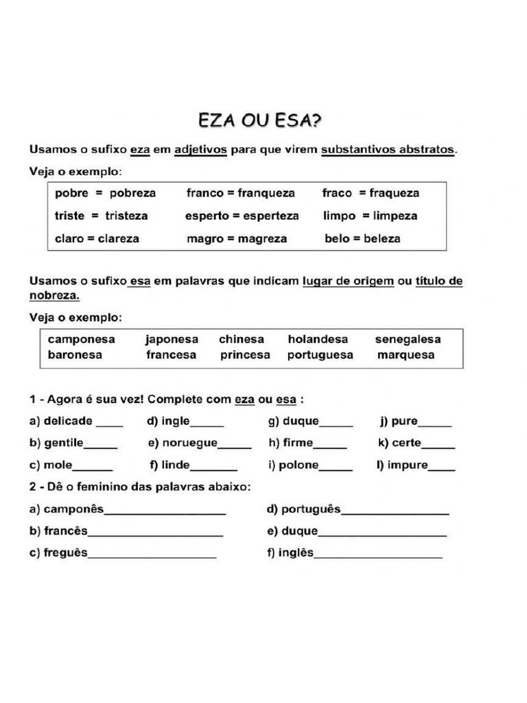 EXERCÍCIO DE REVISÃO - Eza Ou Esa | PDF