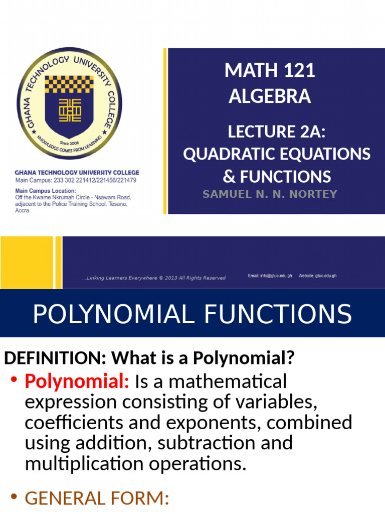 Lecture 2A - Quadratic Equations and Functions | PDF | Polynomial ...