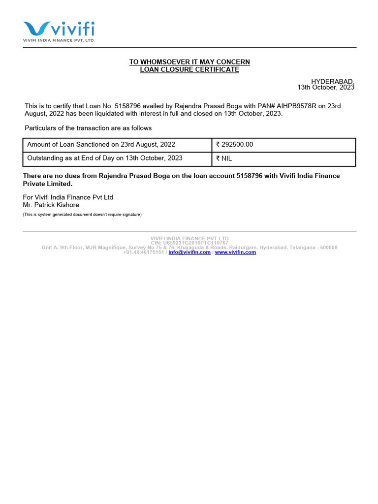 Loan Closure Certificate - Vivifi India | PDF