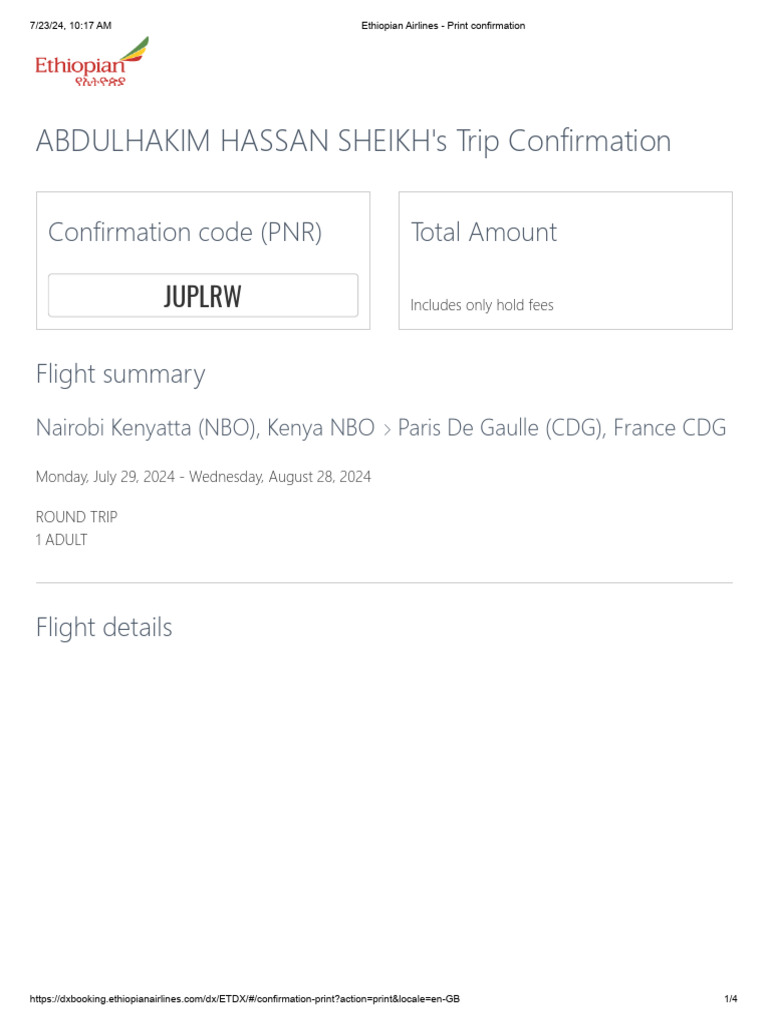Ethiopian Airlines - Print Confirmation | PDF | Jet Aircraft | Airlines