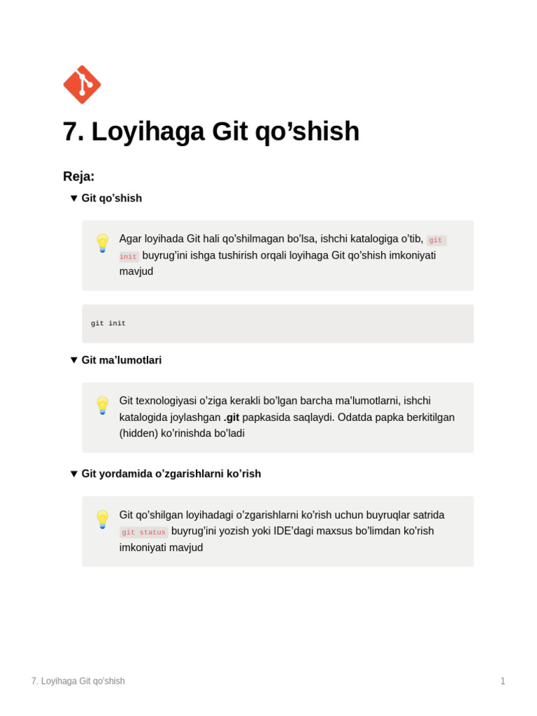 Loyihaga Git Qo'shish | PDF