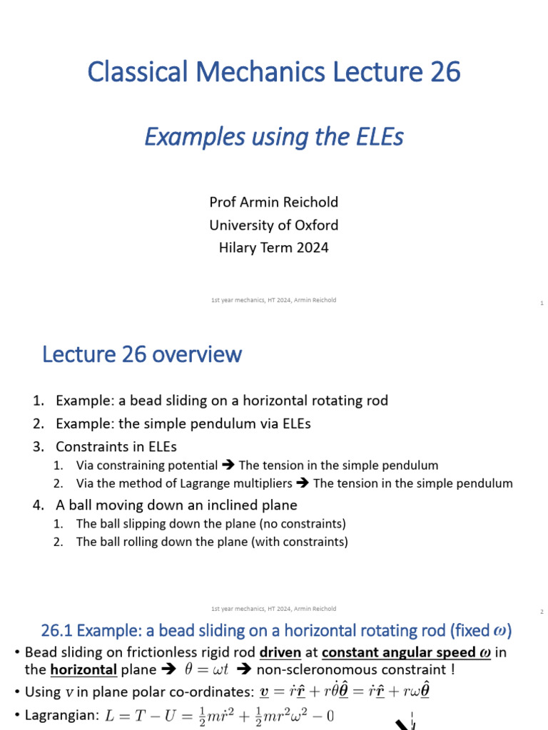 CP1 Lecture26 HT2024 Reichold v1 | PDF | Lagrangian Mechanics | Classical Mechanics