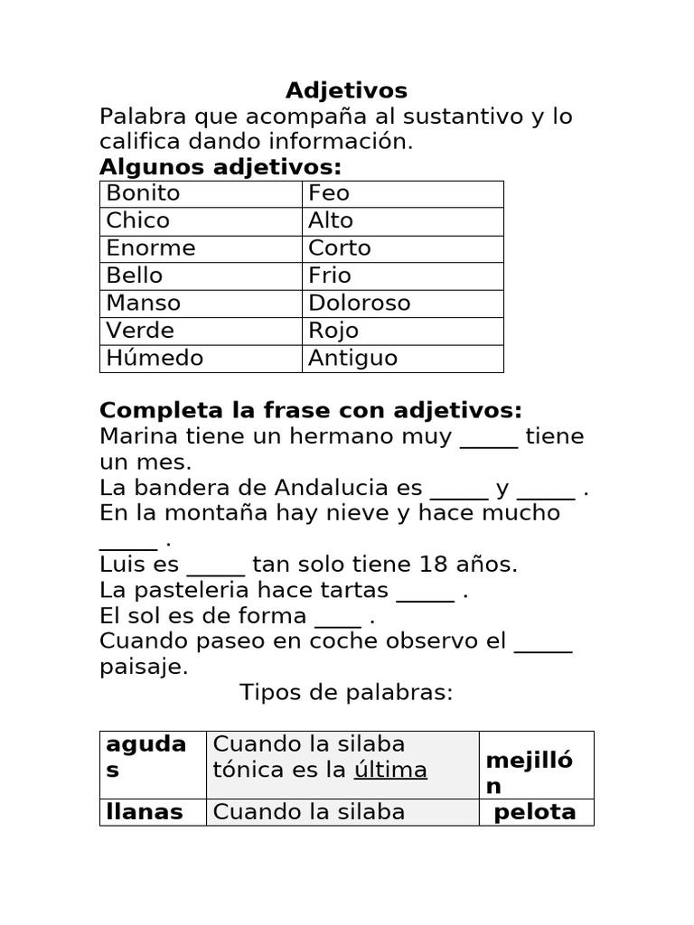Adjetivos y Tipos de Palabras en Español | PDF