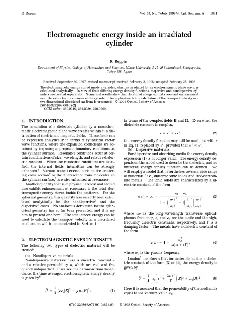 Electromagnetic Energy Inside An Irradiated Cylinder | PDF | Dispersion ...