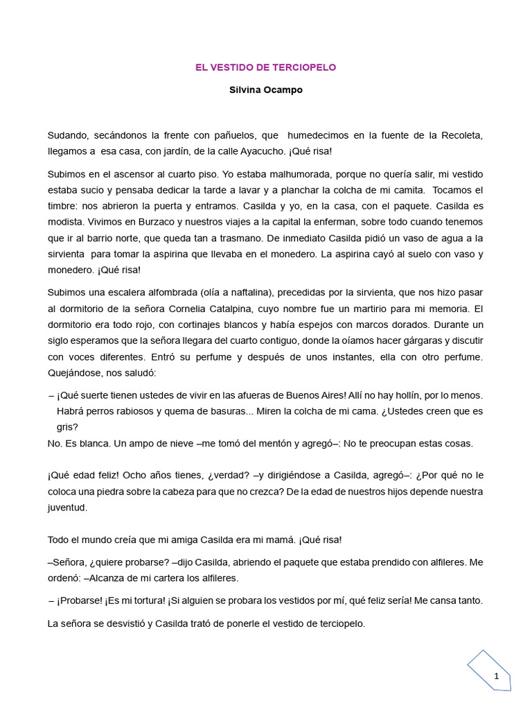 El Vestido de Terciopelo de Silvina Ocampo Actividades | PDF