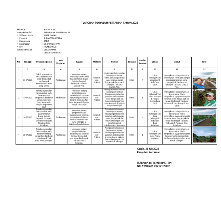 Juli - LAPORAN PENYULUH PERTANIAN TAHUN 2023 | PDF