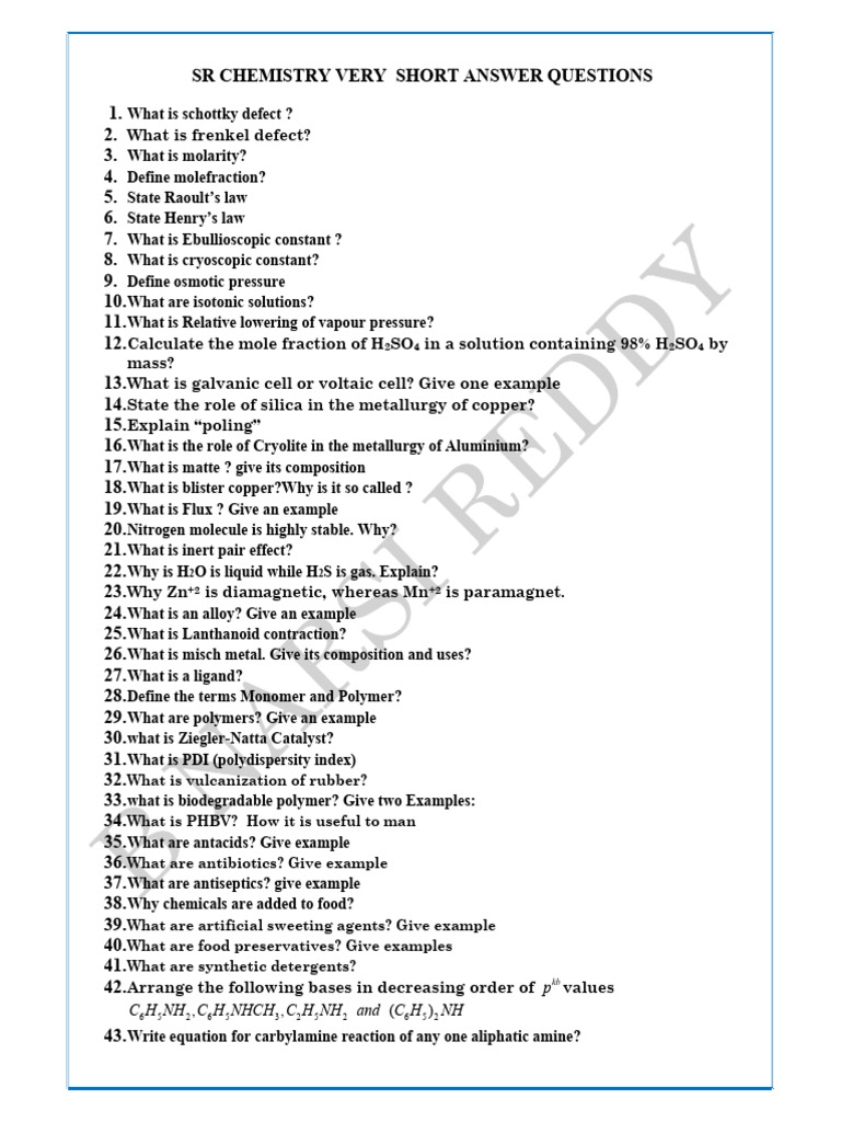 Short Answer Questions in Chemistry | PDF | Chemical Reactions ...